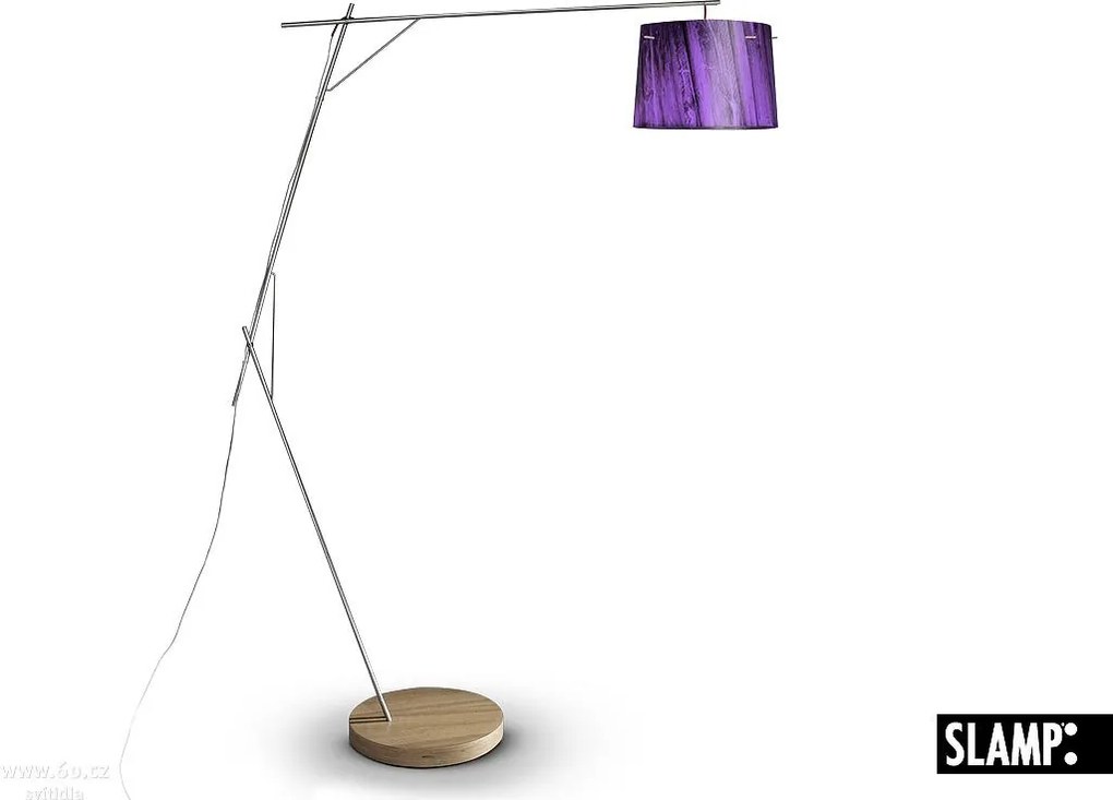 Slamp Woody, designová stojací lampa s fialovo-černým stínítkem v dekoru dřeva se stmívačem, 1x100W, výška max 230cm