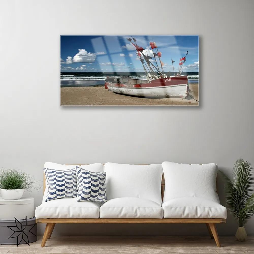 Obraz na skle Moře Pláž Loďka Krajina 100x50 cm