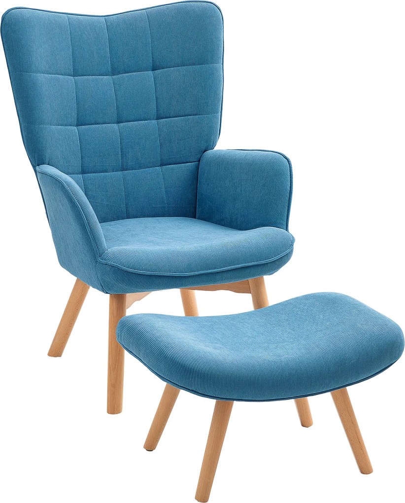 HOMCOM Křeslo s Ottomanem, Křeslo s vysokým opěradlem, Dřevěné nohy, Lounge křeslo s prošívaným designem, Vzhled v sametu, do obývacího pokoje, Modré