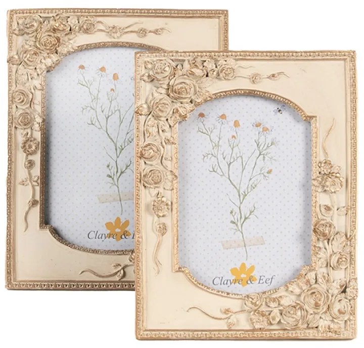Béžovo zlatý fotorámeček Caroline s plastickou aplikací ve tvaru růže – 13x18 cm