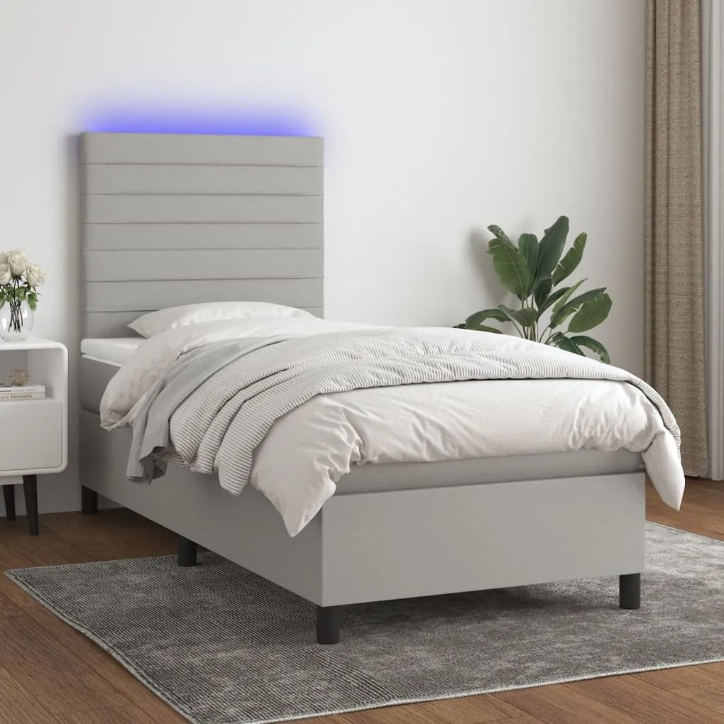 Box spring postel s matrací a LED světle šedá 90x200 cm textil 3134925