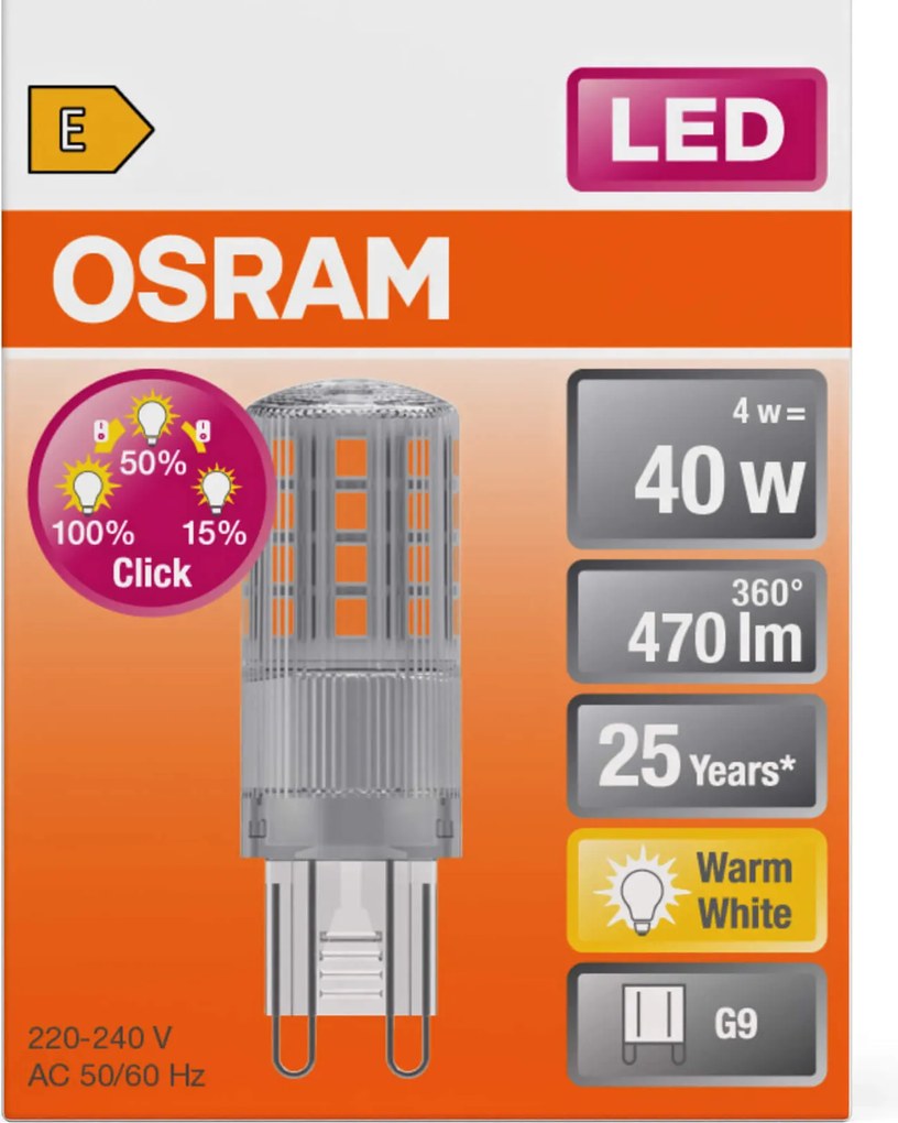 Krokově stmívatelná LED žárovka OSRAM G9 4W 2700K 470 LM