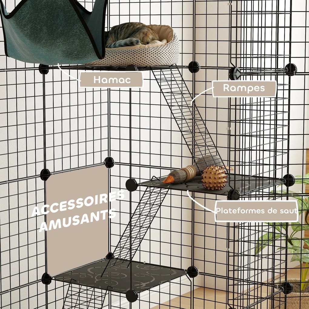 PawHut Oplocení pro domácí zvířata, Vnitřní prostor pro králíky, 4 úrovně, Modulární oplocení pro malá zvířata, Králíky, Drátěné panely, 105 x 70 x 1…