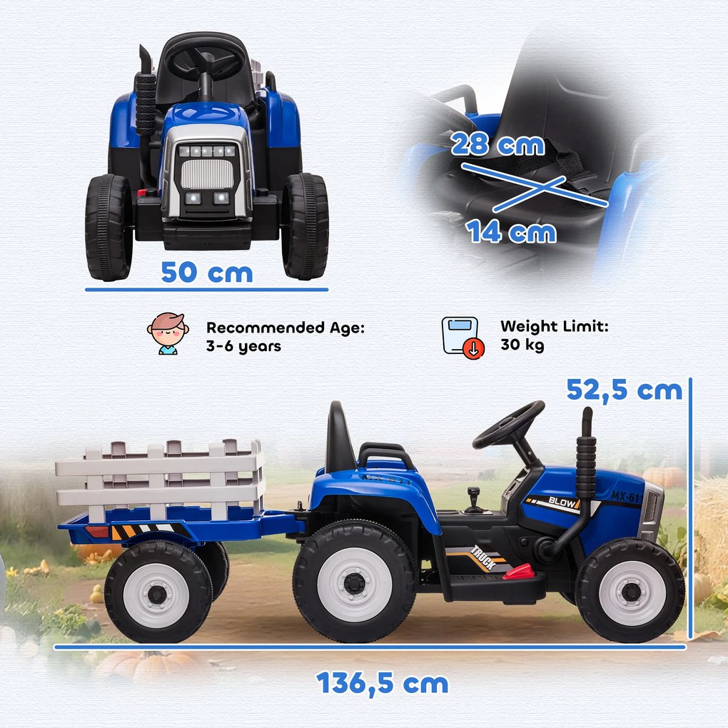 HOMCOM Elektrický dětský traktor s dálkovým ovládáním a přívěsem, MP3 světlomet, 3-6 km/h, pro děti od 3 do 6 let, modrý |