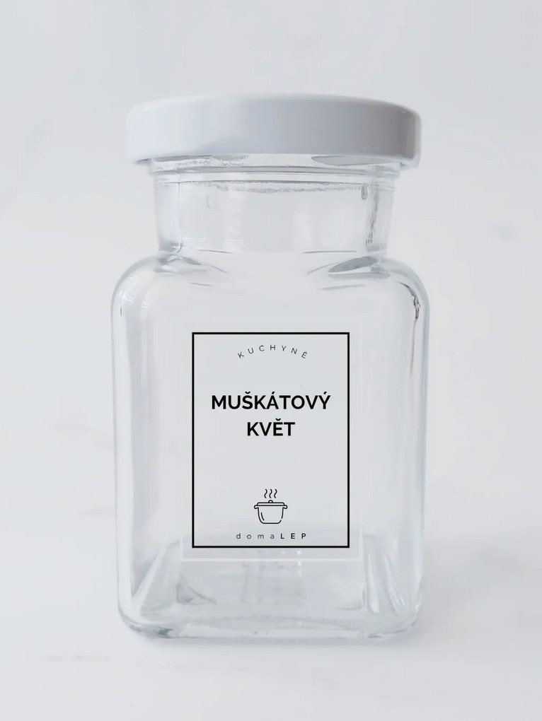 Samolepka na kořenky MUŠKÁTOVÝ KVĚT průhledná 3 × 4 cm tučné písmo