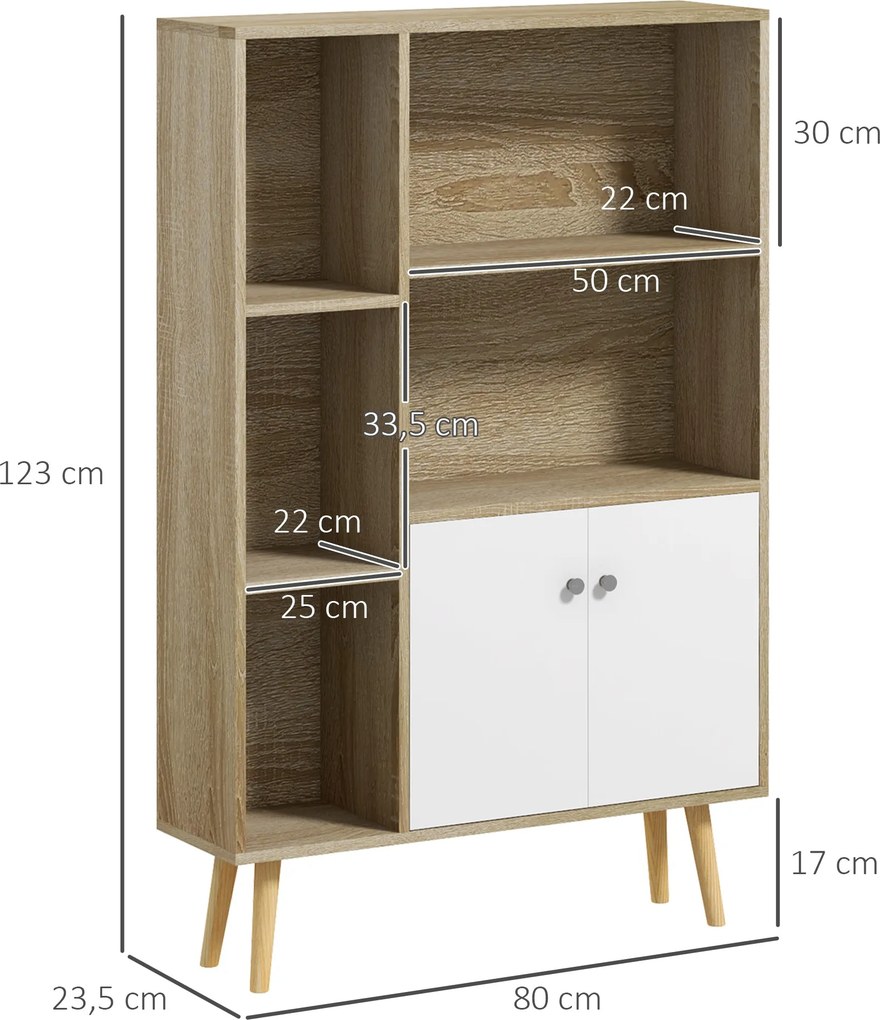 HOMCOM Knihovna v severském stylu z ořechového dřeva, rozměry 80L x 23,5W x 123H cm, 5 polic, skříňka s 2 dveřmi, zúžené nohy ze solidního borového d…