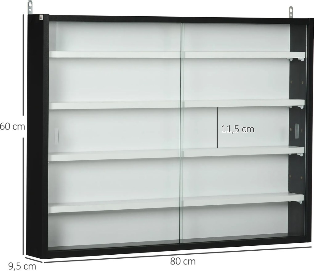 HOMCOM Stěnová vitrína s nastavitelnými policemi a 2 posuvnými skleněnými dveřmi pro sbírky parfémů a dekorativních figurek 80x9,5x60 cm Černá a Bílá