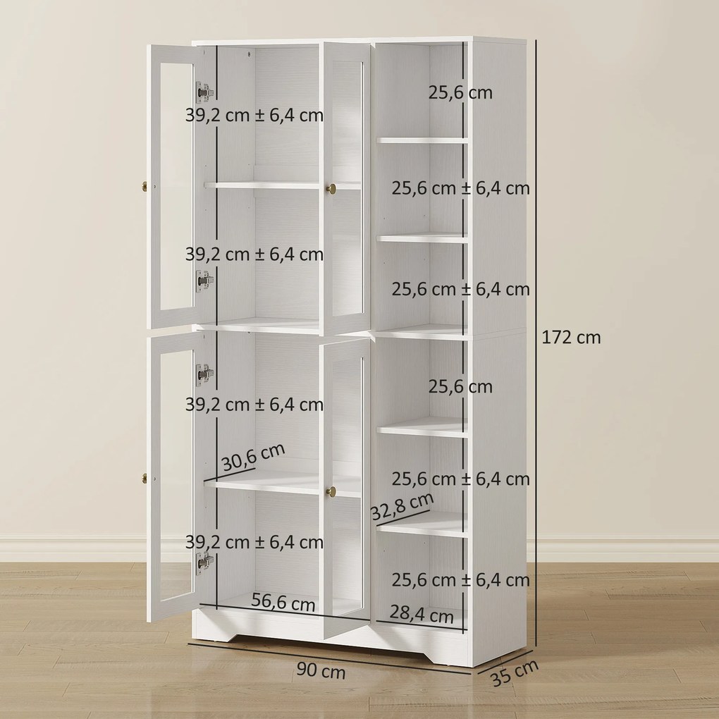 HOMCOM vysoký kuchyňský bufet, vitrínová skříňka se 4 dveřmi ze tvrzeného skla Soft-Close, 90x35x172 cm, bílá