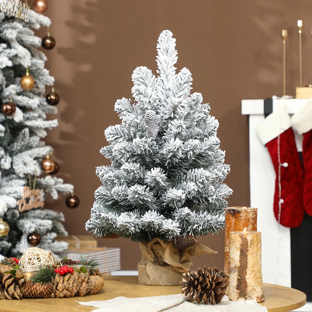 HOMCOM Mini umělý vánoční stromek 60 cm, smrkový stromek umělý se sněhem, 72 větviček, 6 šišek, cementová základna