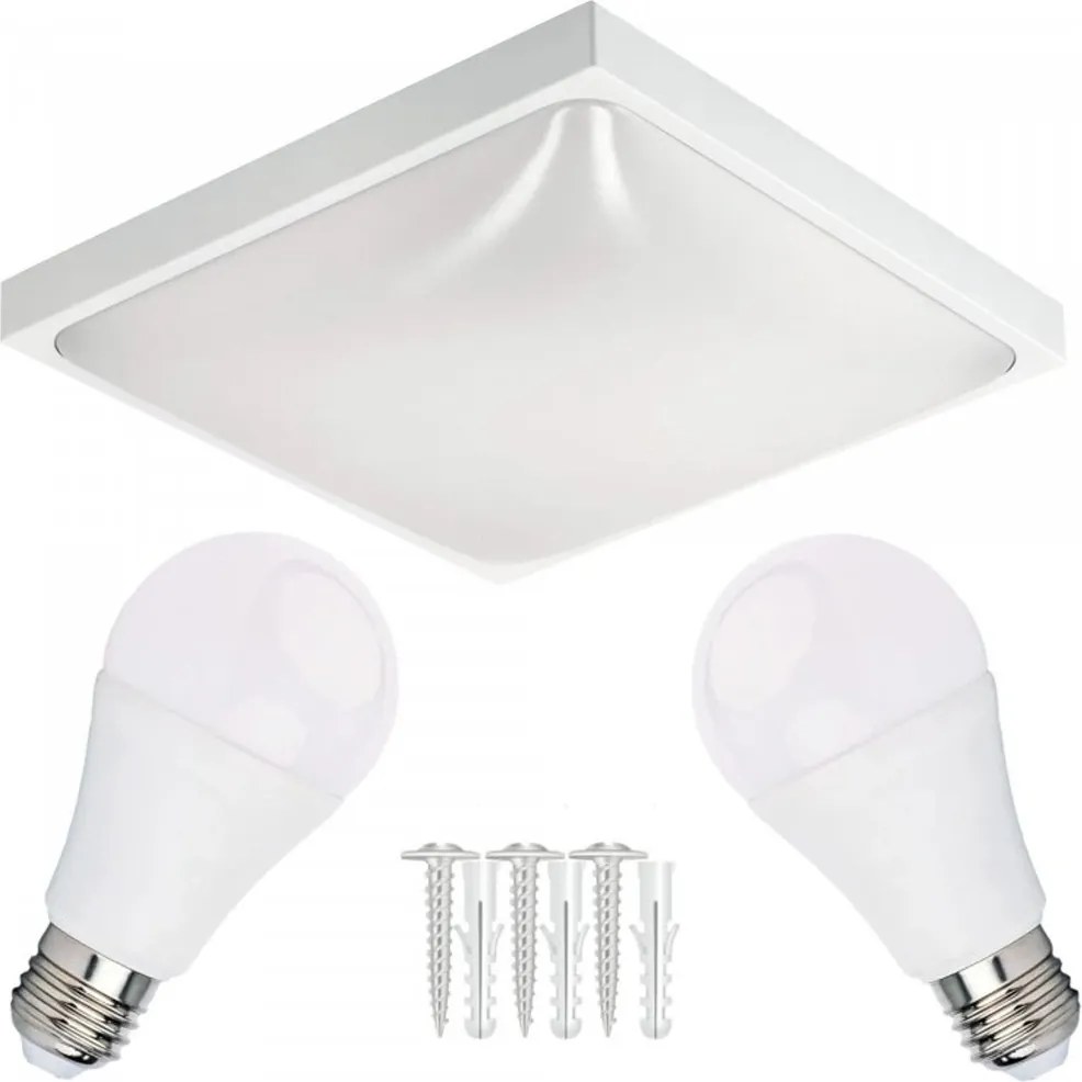 LED stropní svítidlo 2xE27 čtvercové bílé + 2x E27 10W neutrální bílá žárovka