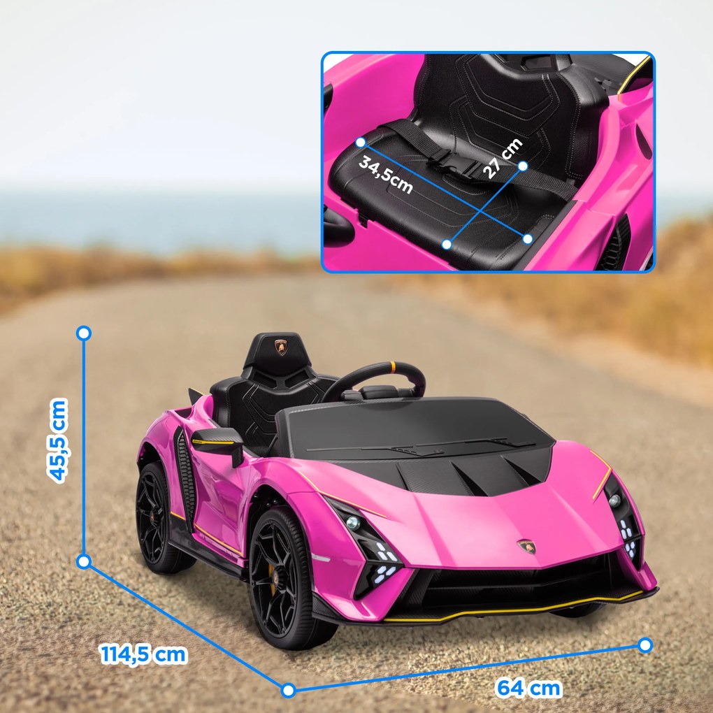 AIYAPLAY elektrické dětské auto 3-6 let, 12V Lamborghini Autentica s 2 motory, dveře křídlové, zavěšení, růžové