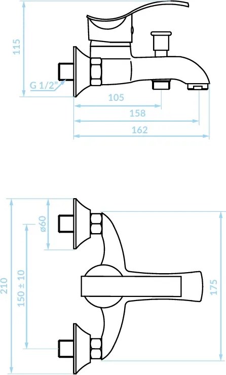 Kuchinox Argo, nástěnná vanová baterie 150mm, chromová, LAV-BKA_010D