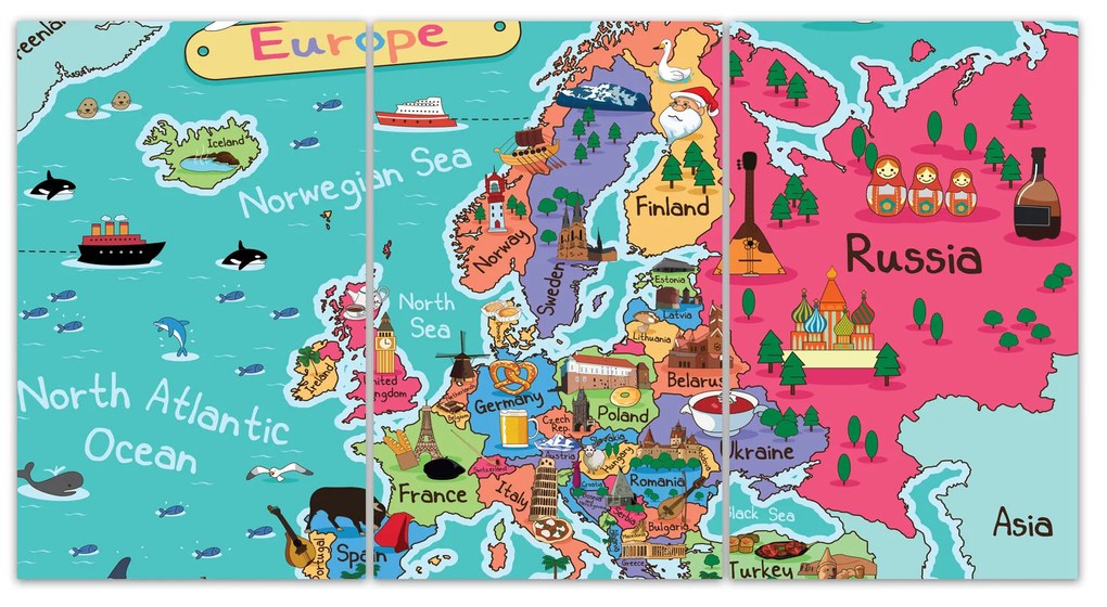 Malvis ® Dětský obraz Mapa Evropa Velikost: třídílný obdélník - 90x60 cm