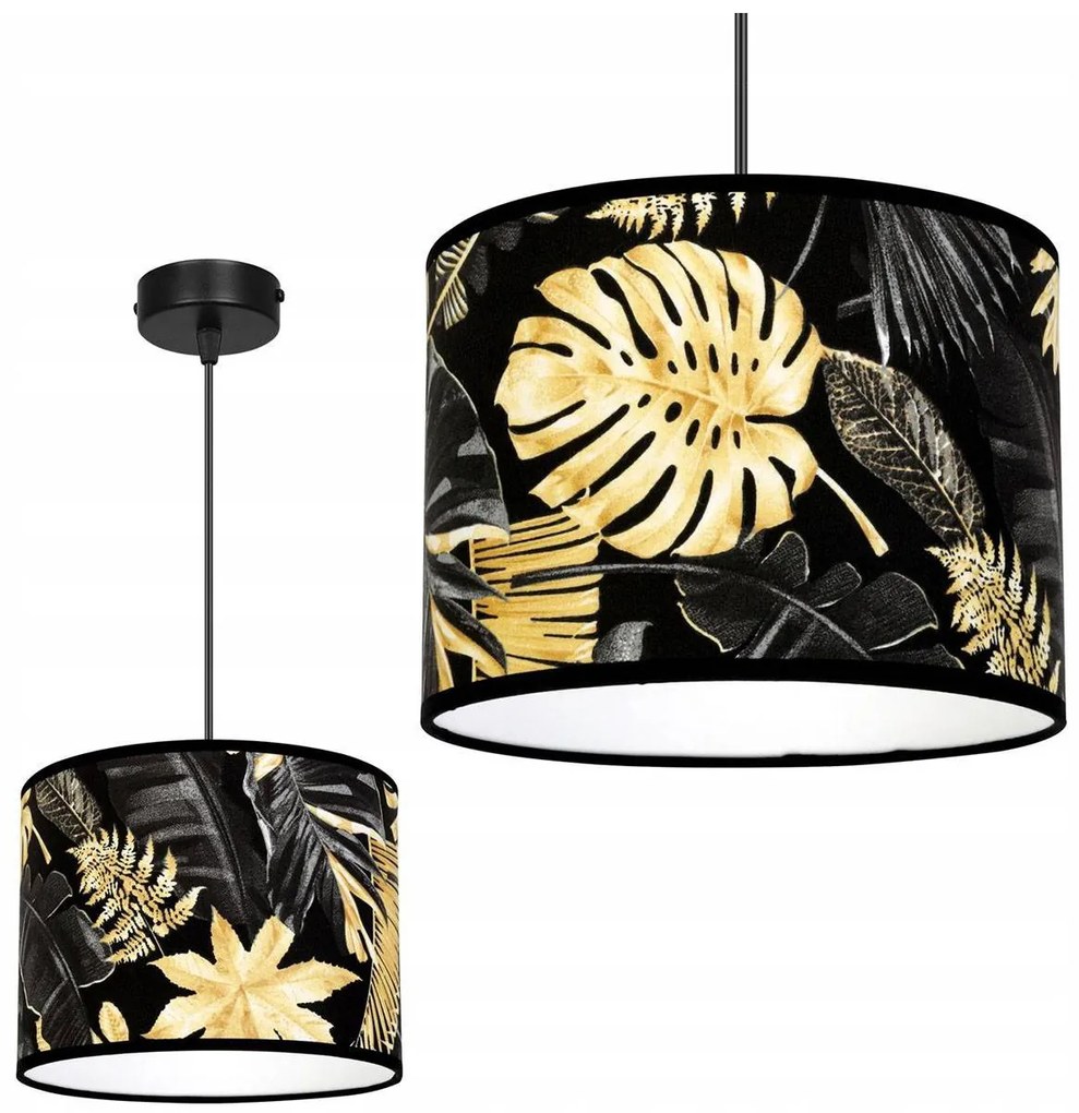 Závěsné svítidlo Gold Flowers, 1x černé textilní stínítko s květinovým vzorem