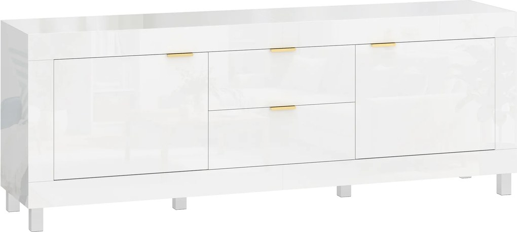 HOMCOM nízký TV stolek pro TV až do 75" – 180 × 40 × 66 cm, bílý vysoký lesk, 2 dvířka s tlumeným dovřením, kabelové vedení a 2 zásuvky