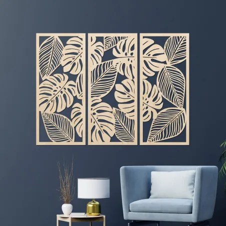 Dřevěný trojdílný obraz monstera – Dekorace do interiéru | SENTOP PR0523