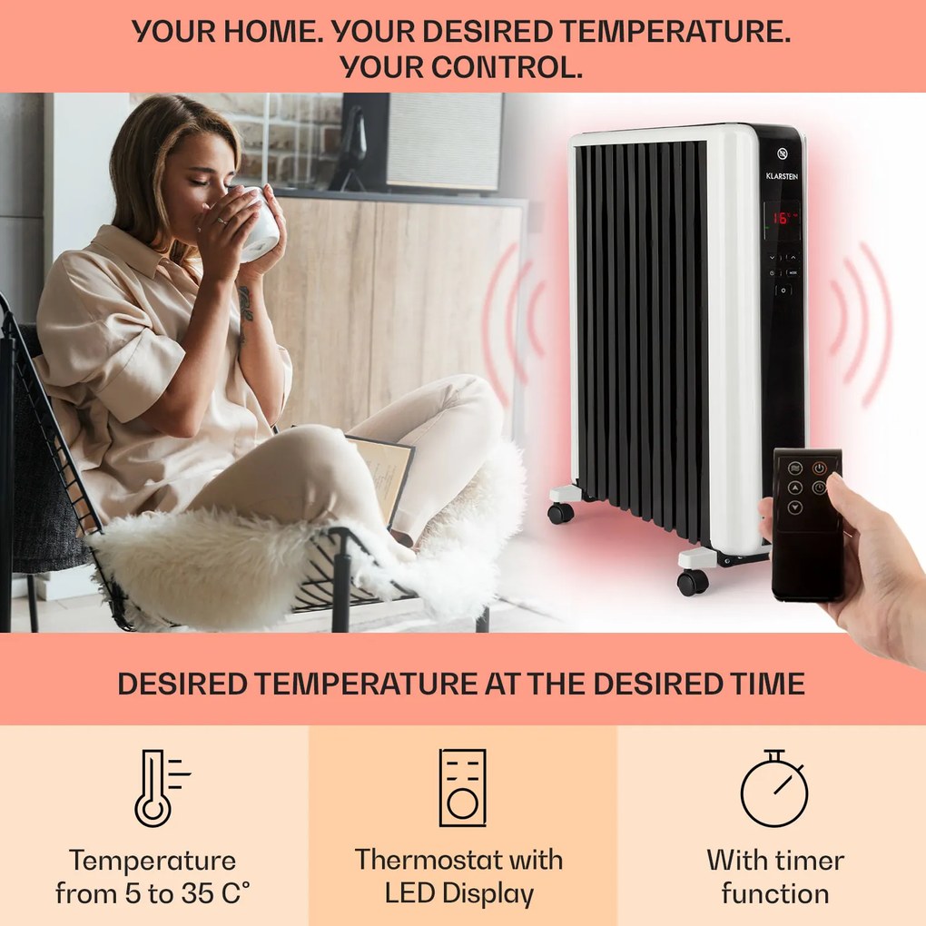 Klarstein Thermaxx 2500, olejový radiátor, 2500 W, 5-35 °C, časovač, bílý/černý