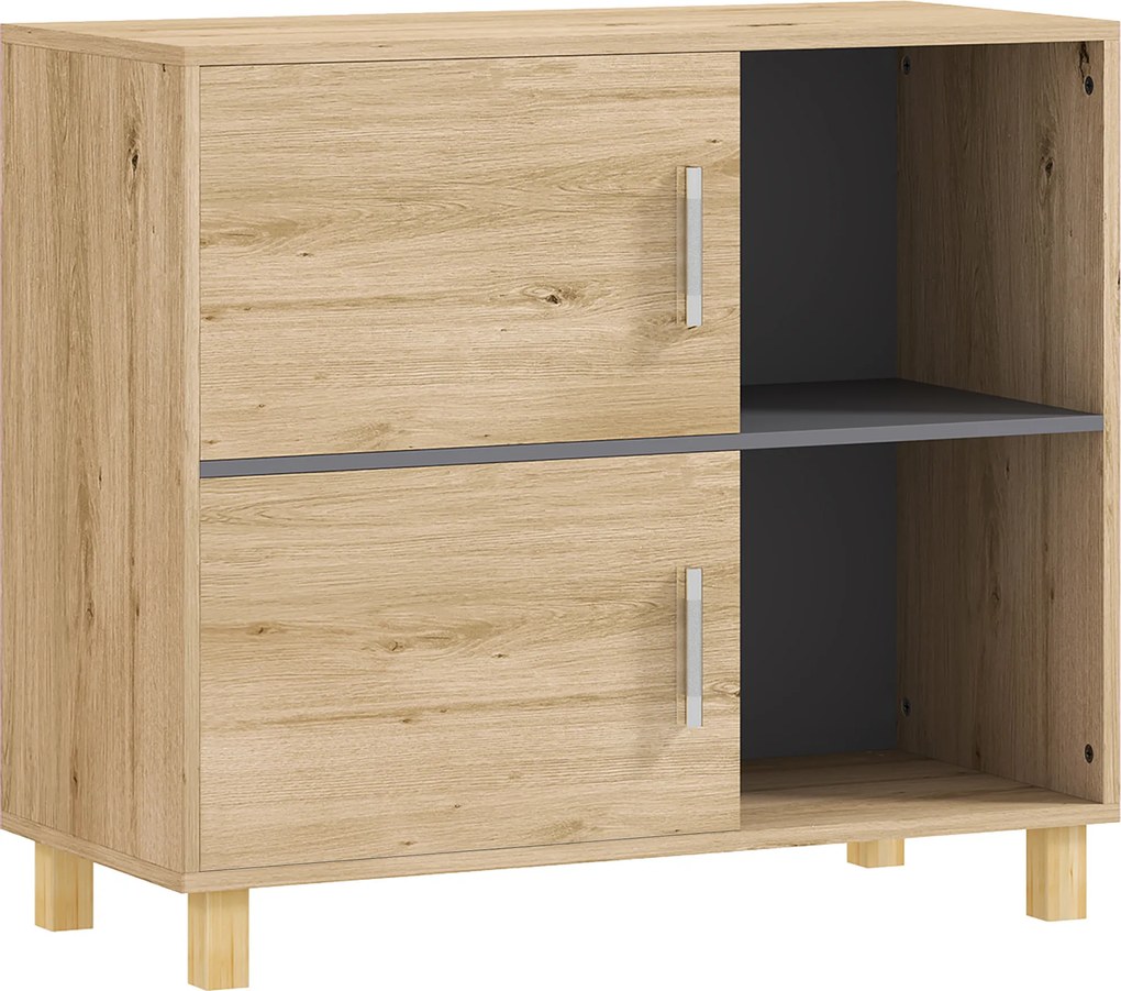 HOMCOM Koupelnová skříň, Úložná skříň s otevřenými oddíly a skříňkou, velikost koupelnové skříně 80D x 35Š x 70V cm, přírodní dřevo