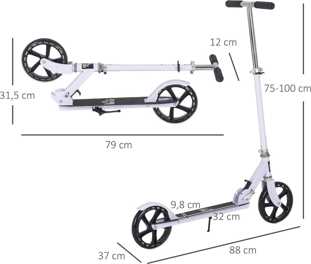 Skládací koloběžka HOMCOM pro děti 7-14 let, nastavitelná výška řídítek 4 úrovně s brzdou 88x37x100 cm Bílá