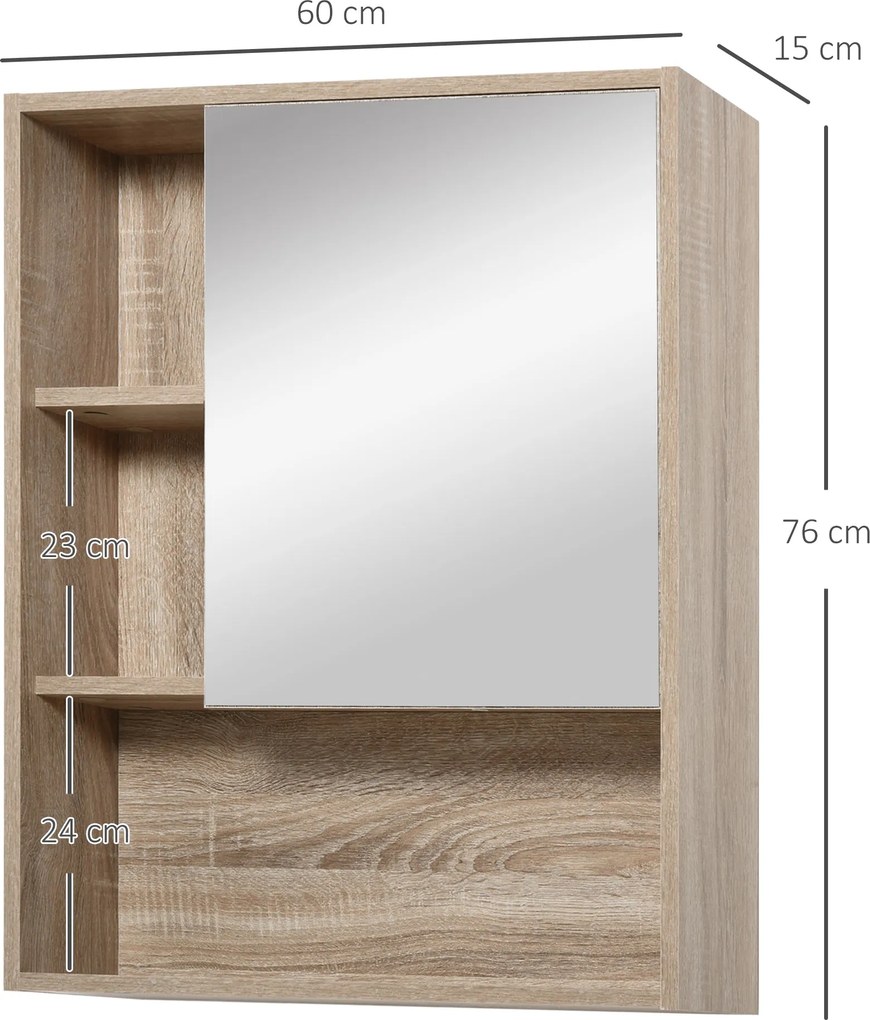 Kleankin zrcadlová skříňka do koupelny - nástěnná skříňka s výškově nastavitelnou policí a otevřenými regály 60x15x76 cm v dubovém dekoru