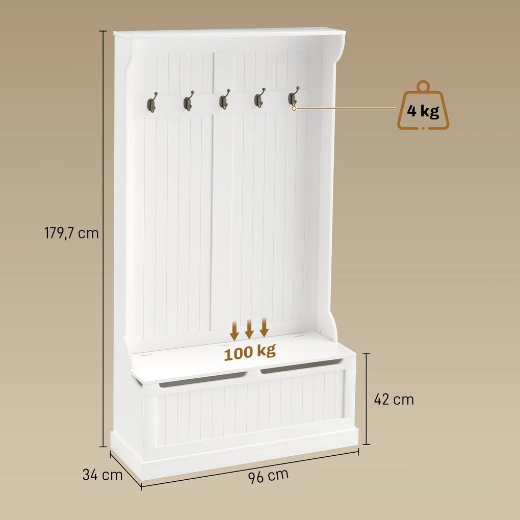 HOMCOM věšák na kabáty s botníkem a lavičkou, organizační prvek do předsíně, s 5 háčky a úložným prostorem, 96x34x179,7cm, slonová kost