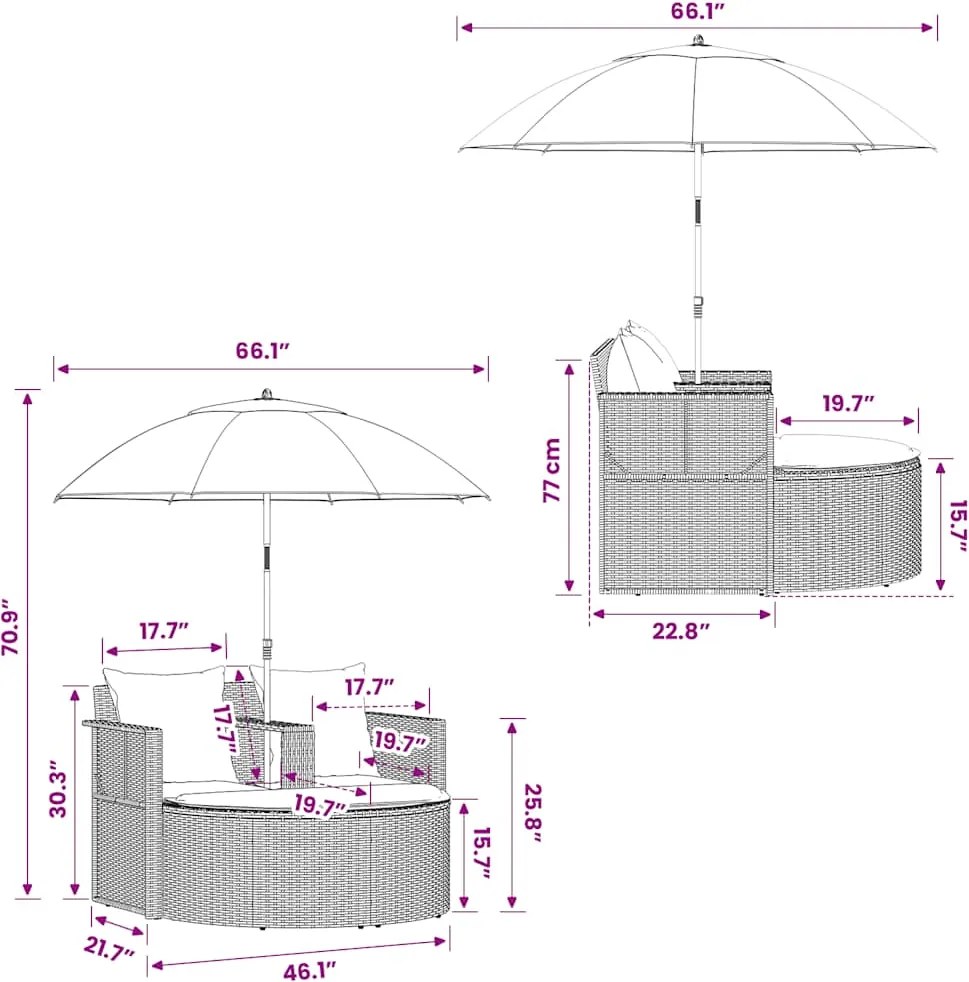 vidaXL Marketos 2místná zahradní pohovka podušky a slunečník šedá polyratan