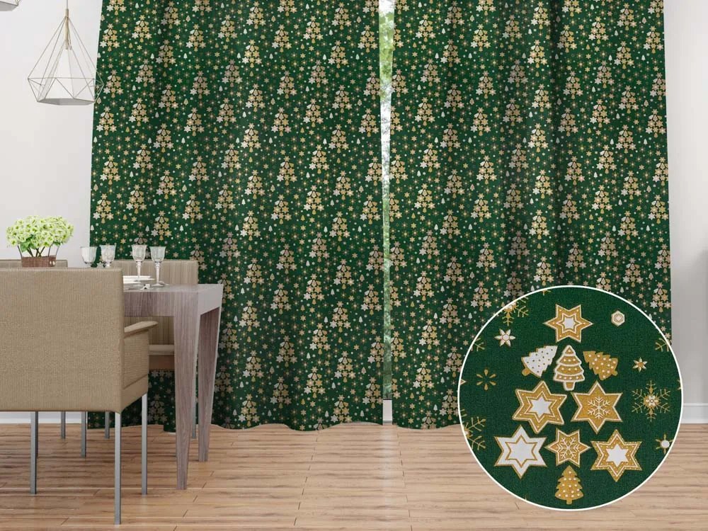 Biante Vánoční bavlněný závěs Sandra SA-407 Hvězdičky a stromky na zeleném 150x240 cm
