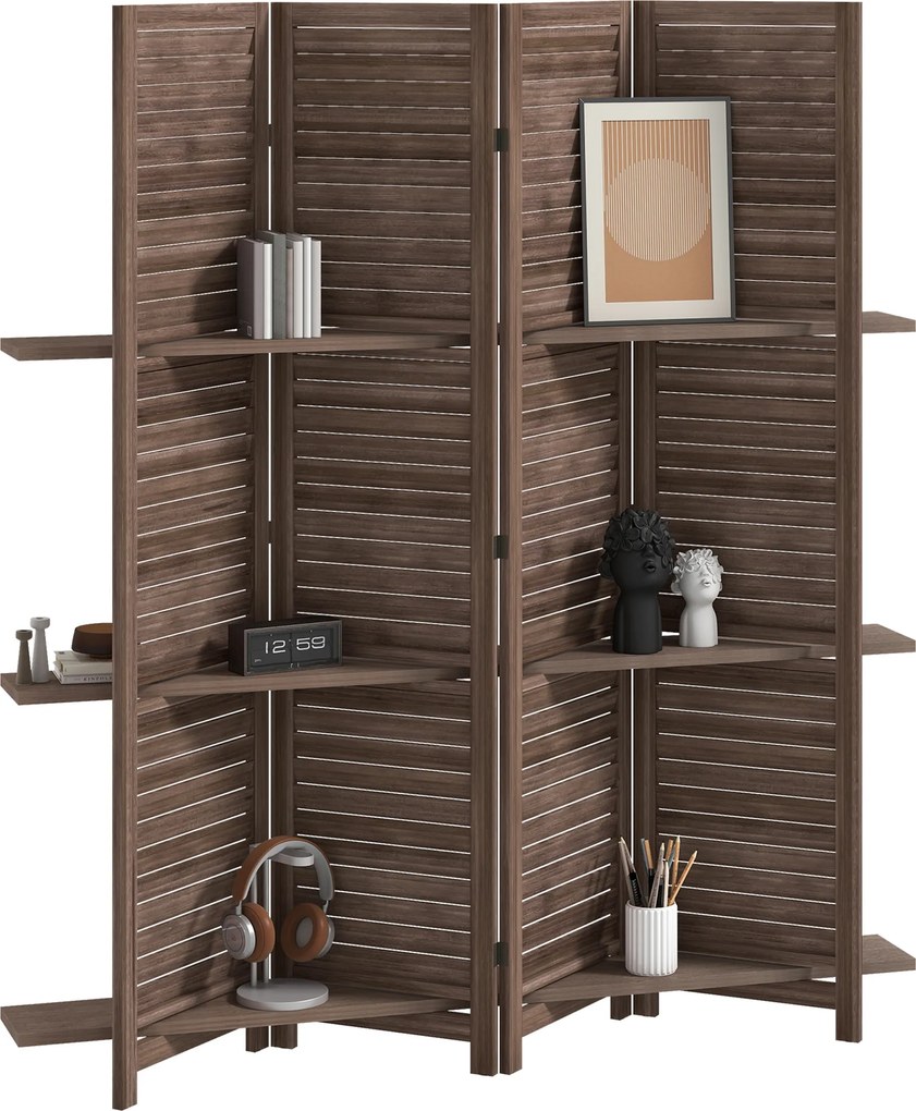 HOMCOM dřevěná vnitřní paravánka 4 panely 160 x 170 cm, skládací přepážka s 3 policemi, ořech