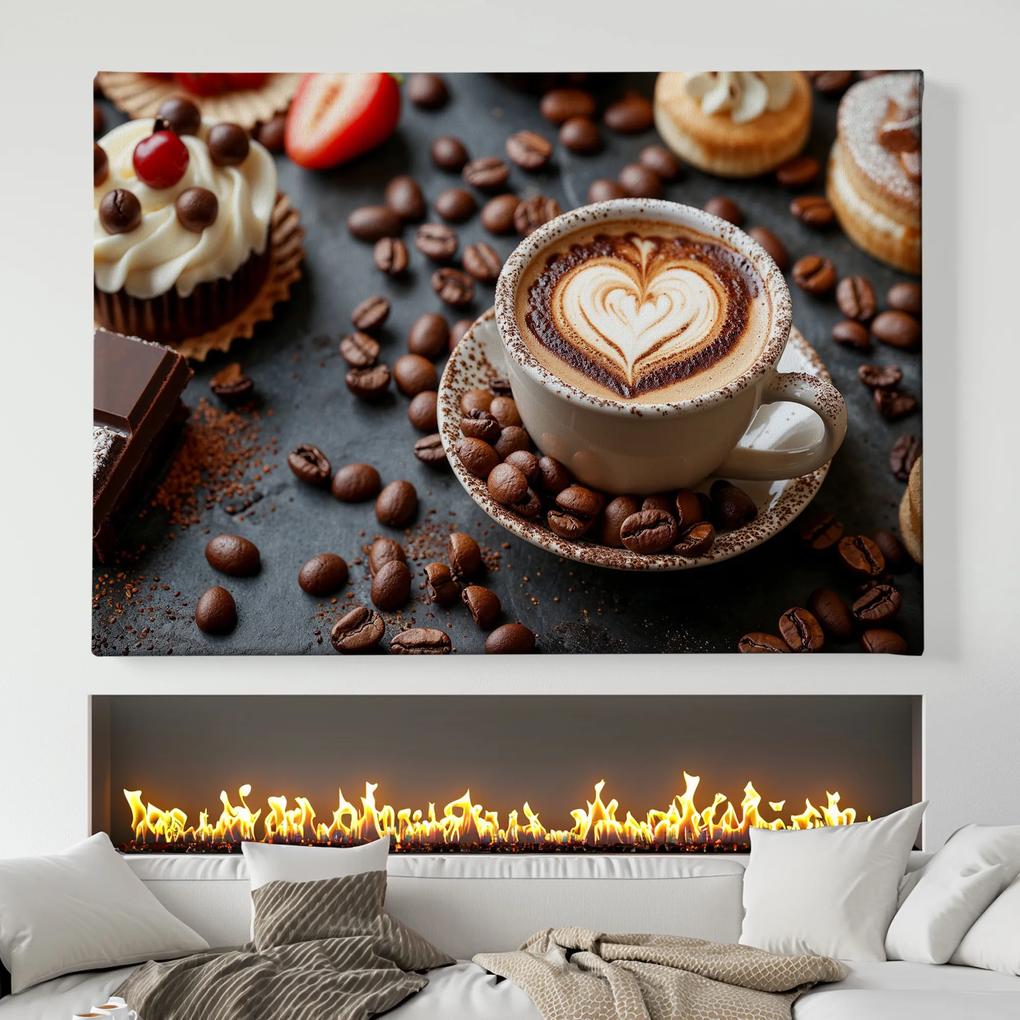 Obraz na plátně - Káva, srdce v šálku FeelHappy.cz Velikost obrazu: 120 x 80 cm