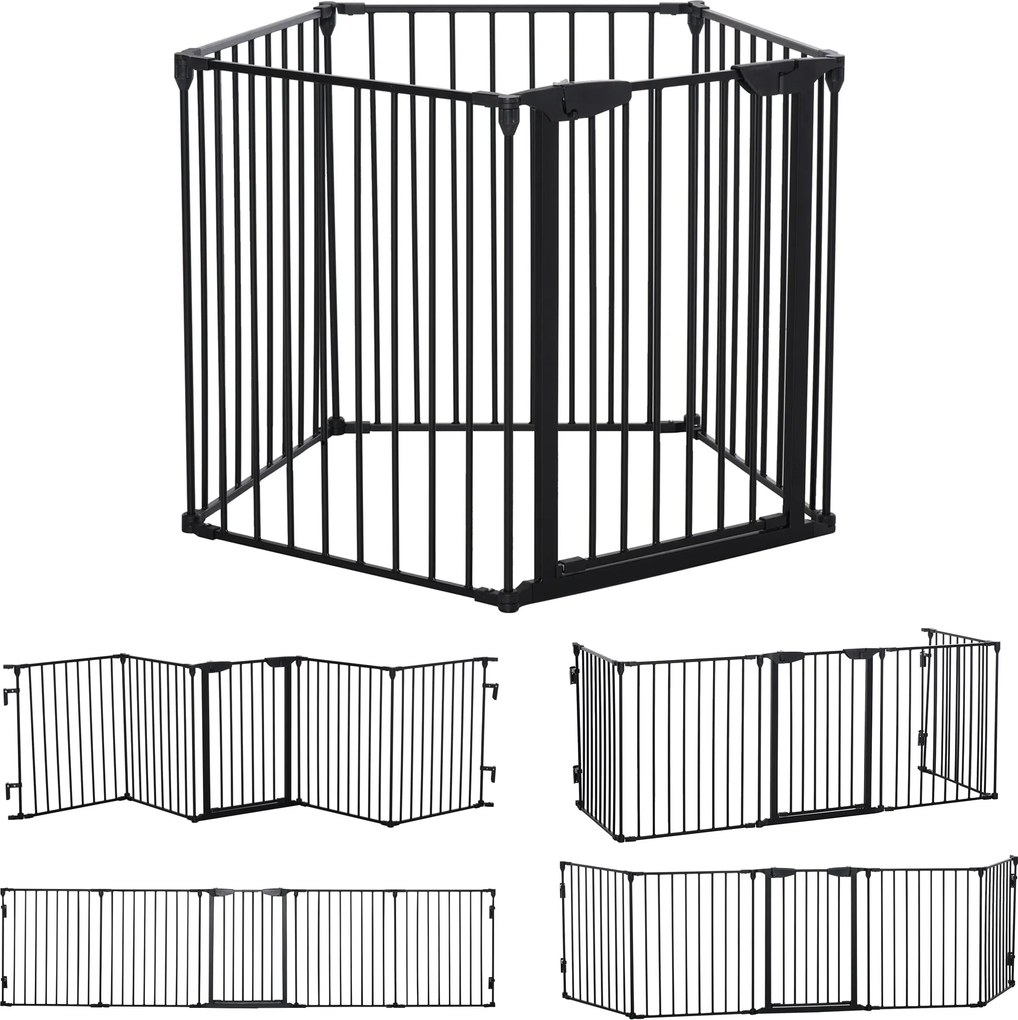 PawHut 2 v 1 Psí Ohrádka 5-dílná Skládací Zábrana se Dveřmi, DIY Ohrádka pro Štěňata, Ochrana Krbu, Ochrana Trouby pro Malé a Střední Psy, 300 x 74,5