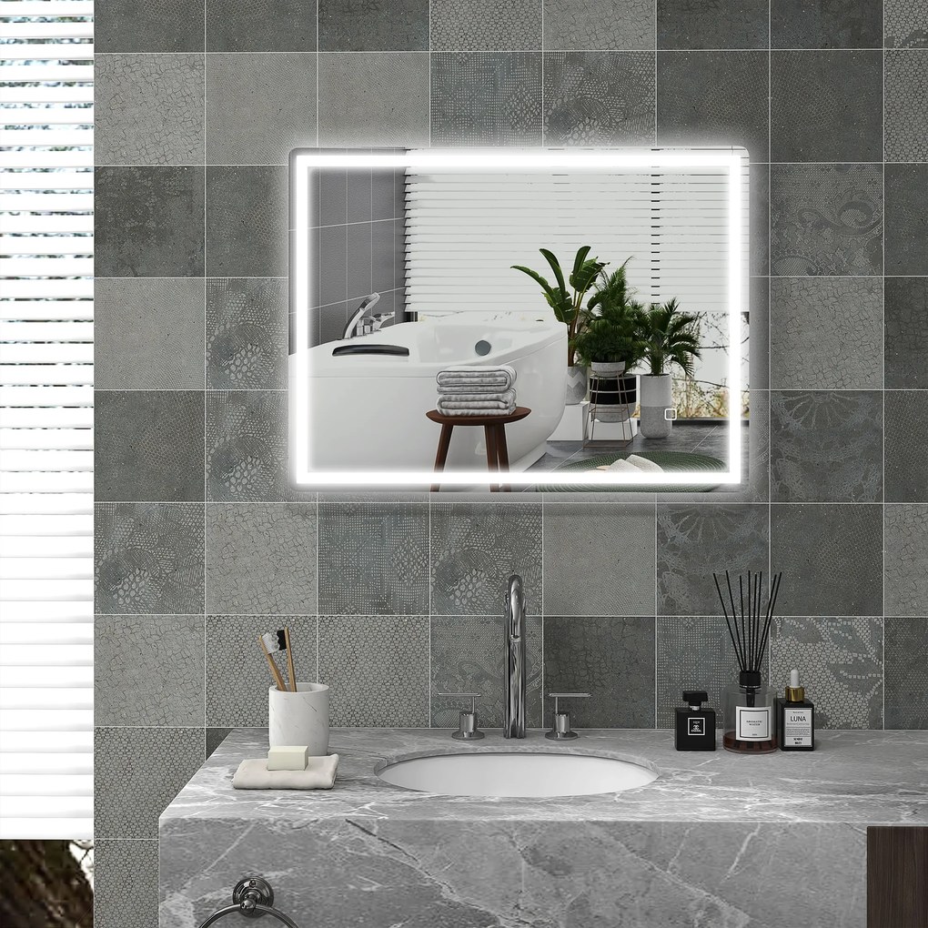 HOMCOM Stmívatelné osvětlené koupelnové zrcadlo 80x60 cm s paměťovou funkcí a povrchem proti zamlžení pro moderní koupelny