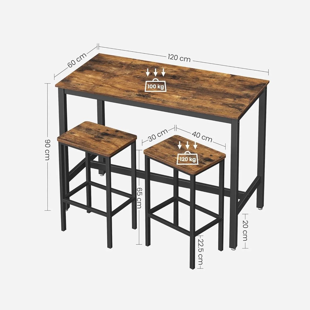 Barový stůl se 2 barovými židlemi, kuchyňský barový pult set 120 x 60 x 90 cm