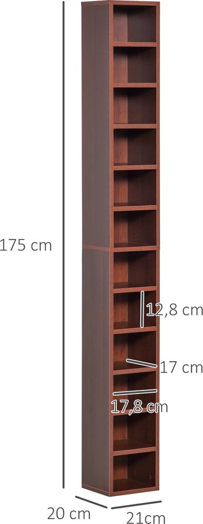 HOMCOM Stojan na CD a DVD, sloupcová police, úložná jednotka s 12 přihrádkami, max. kapacita 204 CD, 21 x 20 x 175 cm, hnědá