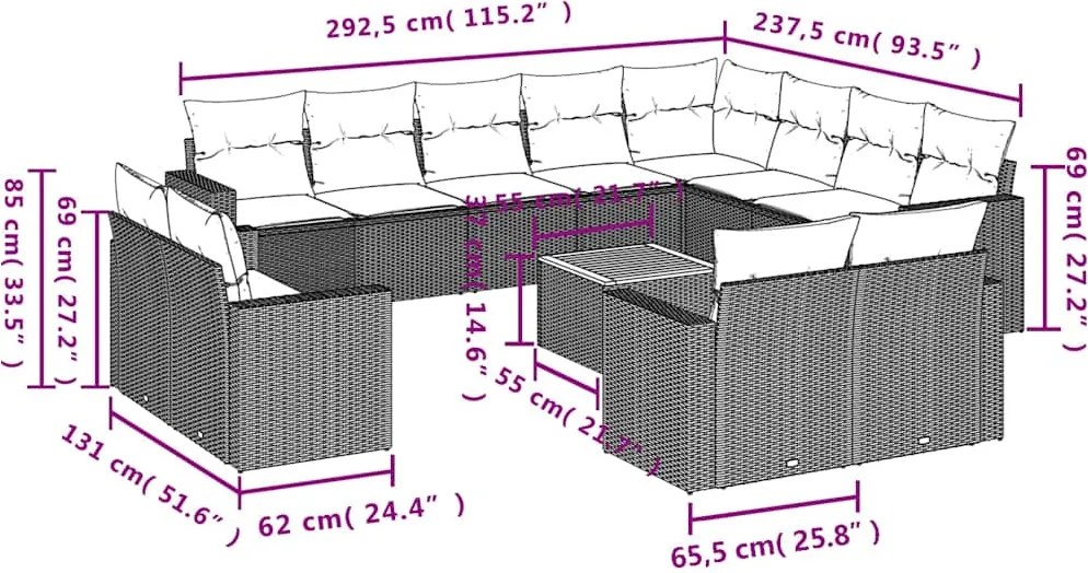 13dílný zahradní sedací souprava s poduškami černý polyratan 3224389