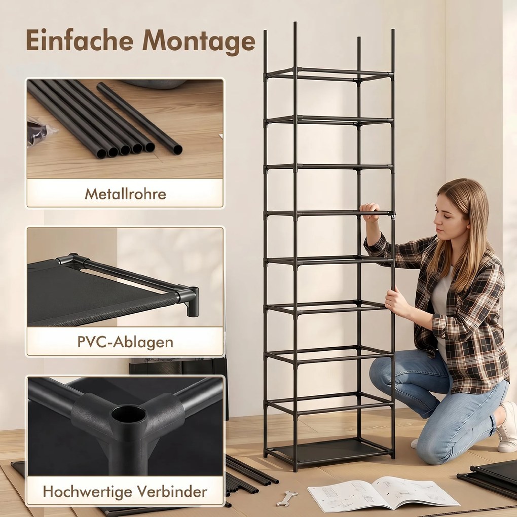 HOMCOM 10patrový úzký kovový botník s ochranným krytem proti prachu – pro 20 párů, 45 × 30 × 175 cm, černý