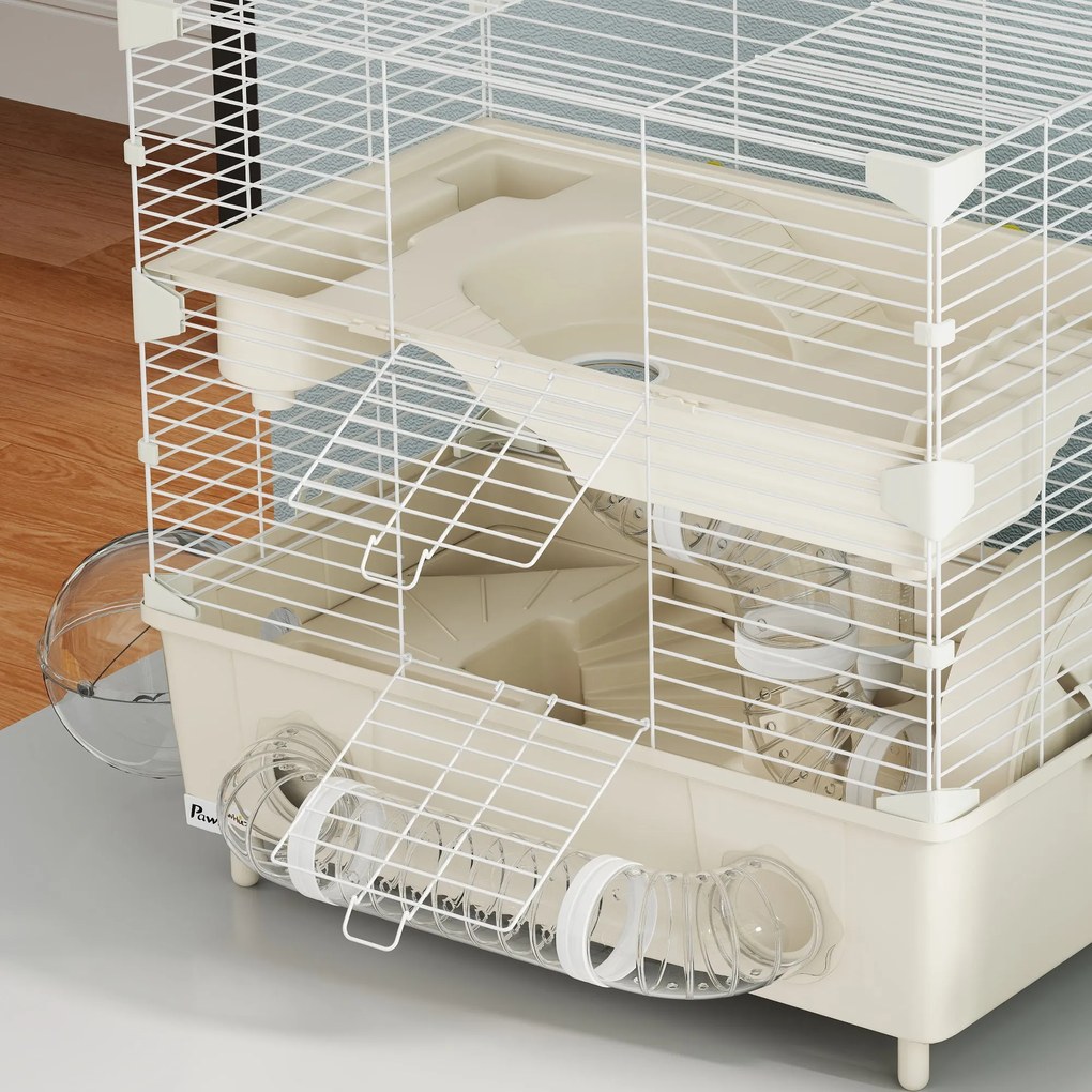 Kotec pro křečky PawHut se 2 patry a 3 dveřmi s kolem, podestýlkou a hracími trubicemi, ocel, PS a PP, 44,5x28x44 cm, krémový a bílý