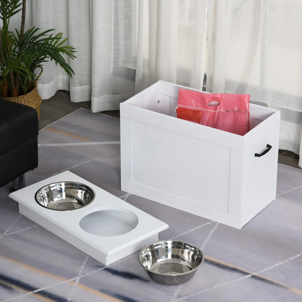 PawHut miska na krmivo pro psy s úložným prostorem 2 nerezové misky 60x30x41cm v bílé barvě pro psy