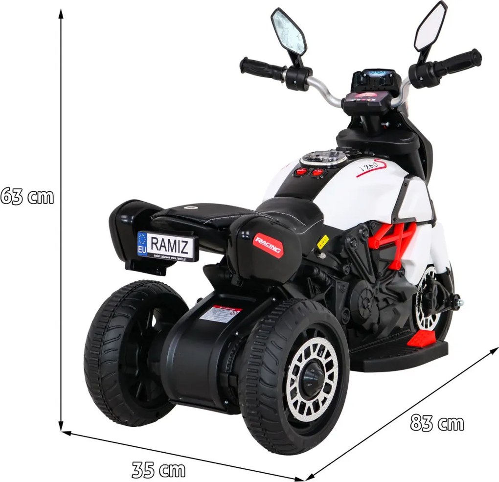 Ramiz Motorka Fast Tourist na baterie pro děti bílá + audio + světla + ekokůže