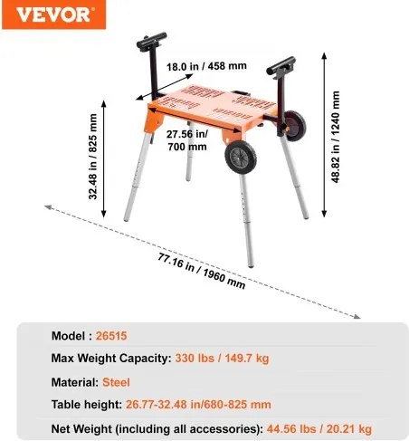 Stojan na pokosovou pilu se stolní deskou a kolečky 149,7 kg Nastavitelná nosnost