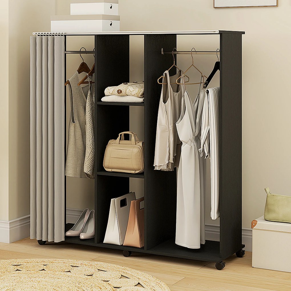 HOMCOM Šatní skříň, šatník, mobilní úložná skříň 6 koleček 120L x 40l x 128H cm, černé dřevo