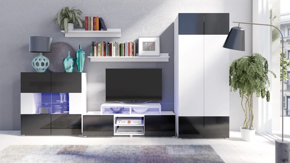 Luxusní obývací stěna GORDIA sestava 5 Bílá / Bílý lesk + Černý lesk Barevné osvětlení LED: bez osvětlení +0Kč