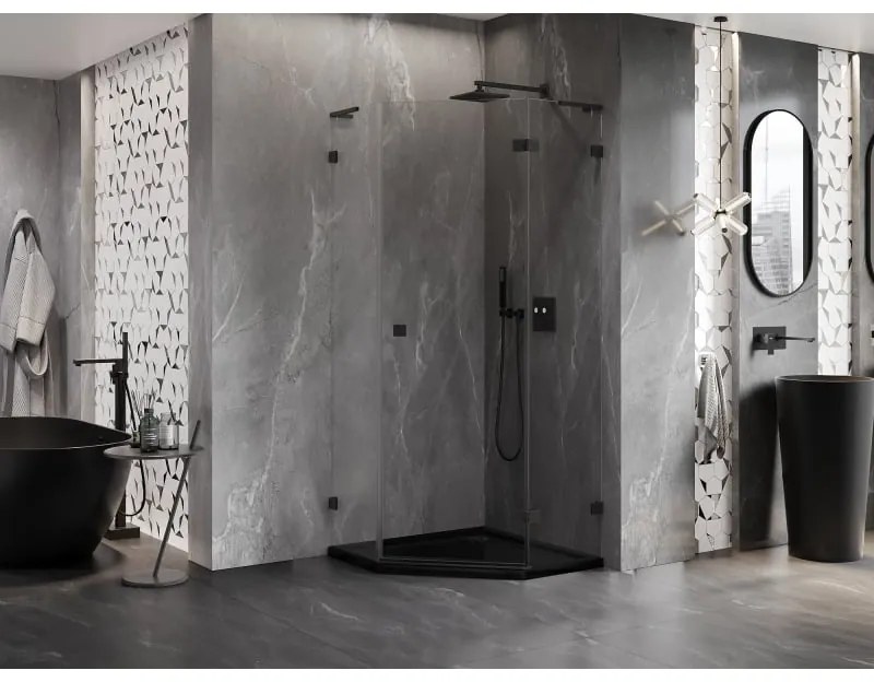 Mexen Lunar, L pravý výklopný pětiúhelníkový sprchový kout 80 x 80 cm, 8mm čiré sklo, černý profil, 831L-080P-080L-70-00-P