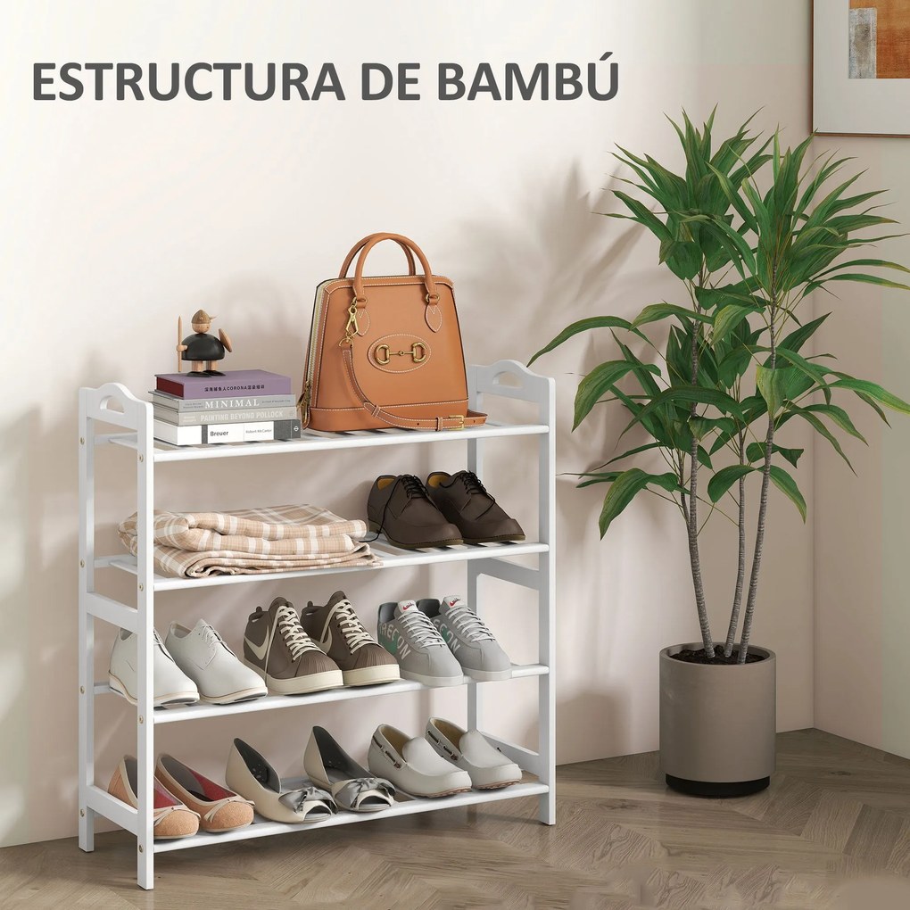 HOMCOM 4-úrovňový bambusový botník na 12 párů bot pro předsíň, chodbu, ložnici 67,5x24,7x72 cm Bílý