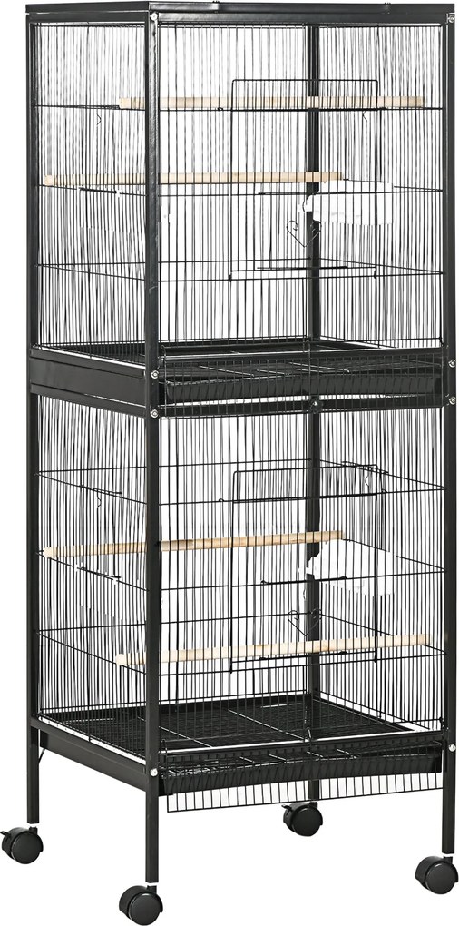 Ptačí klec PawHut na kolečkách Velká dvoupatrová voliéra s vyjímatelnými zásobníky, krmítky a bidly pro kanáry aandnbsp;and budgie 51.5x50x140 cm Čer…