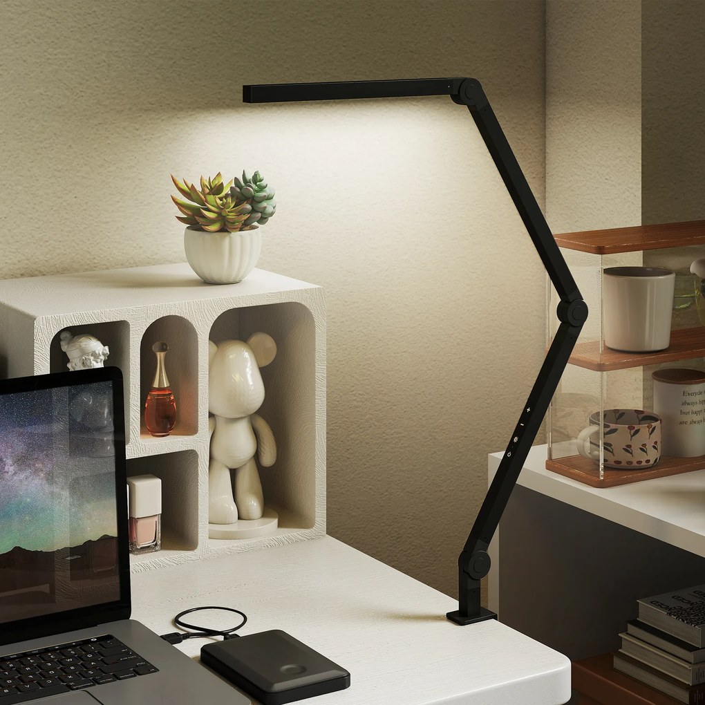 HOMCOM Stolní lampa, nastavitelná jas a barva, kovová svorka, 96 LED, černá