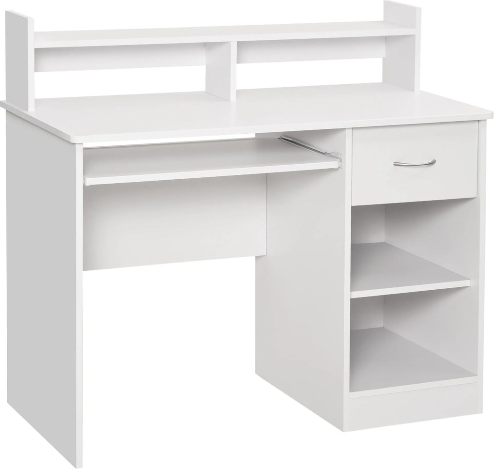 HOMCOM Kompaktní Počítačový Stůl, Bílý Dřevěný Stůl pro Počítač s Vytahovací Klávesnicí a Policemi 104x48x95,5cm | Aosom
