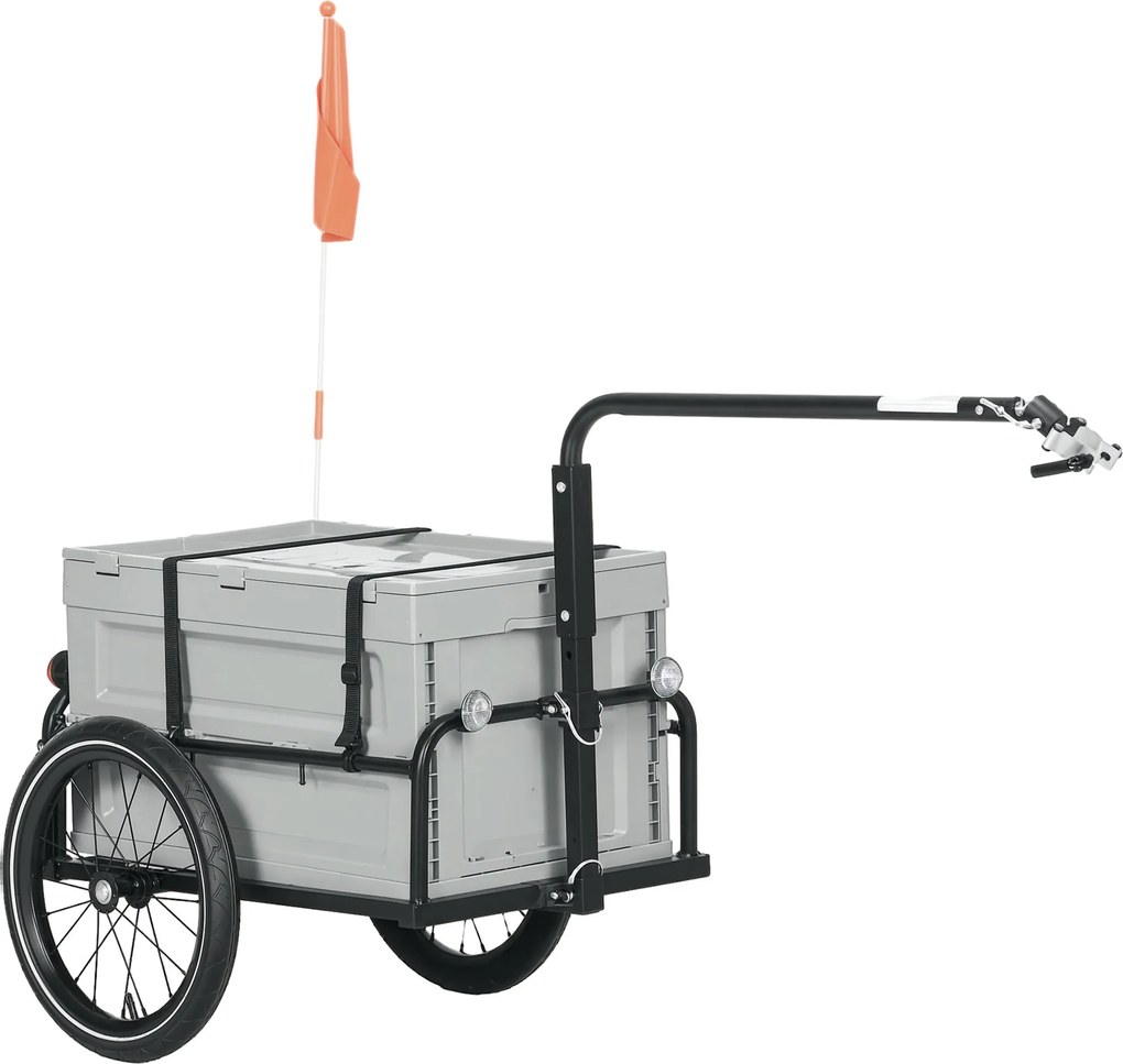 HOMCOM Cyklopřívěs s odnímatelným a skládacím úložným boxem 65L, bezpečnostními odrazkami a pneumatikami, maximální zatížení 40KG, šedý