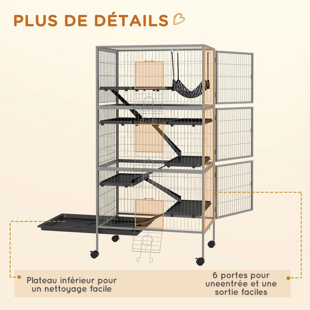 Pawhut Multifunkční klec pro hlodavce se 4 platformami, 3 rampami a 4 dvířky, rozměry 80L x 52W x 159H cm, šedá, stříbrná, černá, ocel