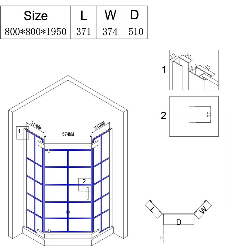 BPS-koupelny Pětiúhelníkový sprchový kout HYD-PK06A 80x80 černá/transparent - bez vaničky