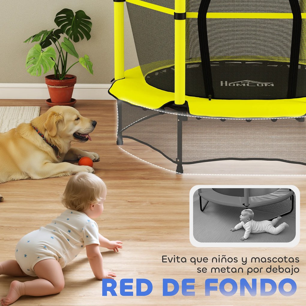HOMCOM dětský trampolína Ø140 cm pro děti 3-10 let s bezpečnostní sítí, nosnost 50 kg, do interiéru i exteriéru, žlutá
